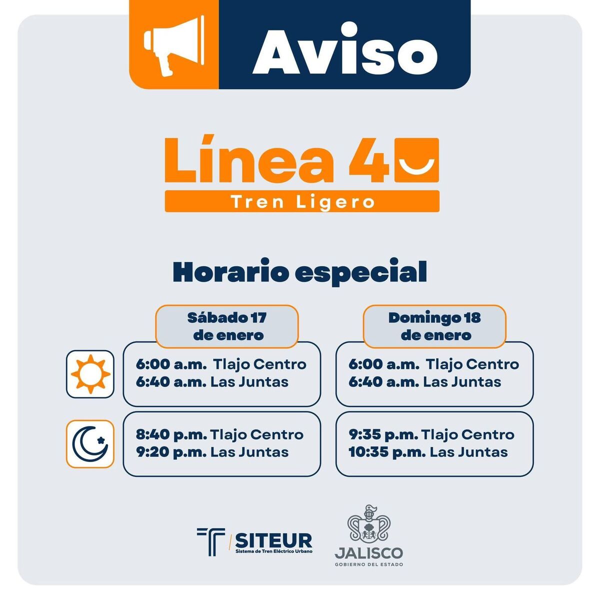 Línea 4 Tren Ligero Guadalajara | Horario especial 17-y 18 enero 2026 ...